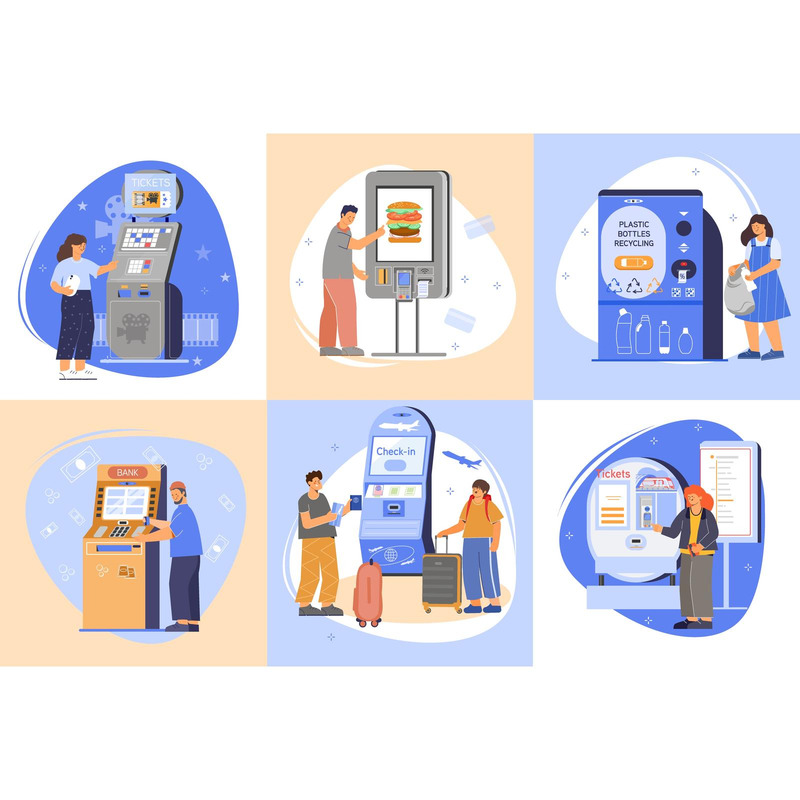 Self Service Composition Set Flat Vector Illustration Concept