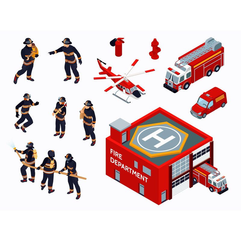 Isometric Firefighter Set 201003205 Vector Illustration Concept