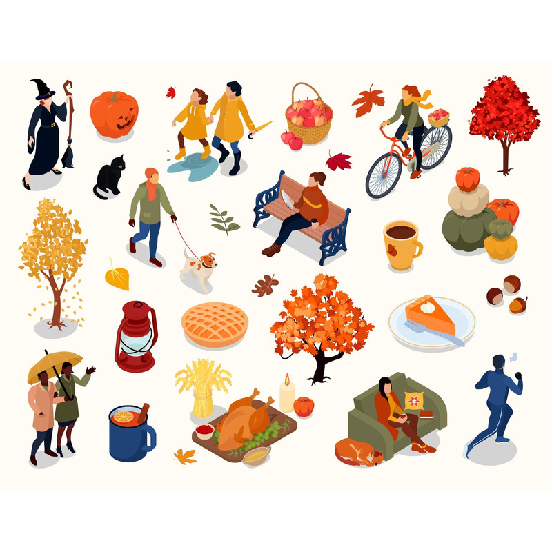 Isometric Autumn Fall Thanksgiving Halloween Set Vector Illustration ...
