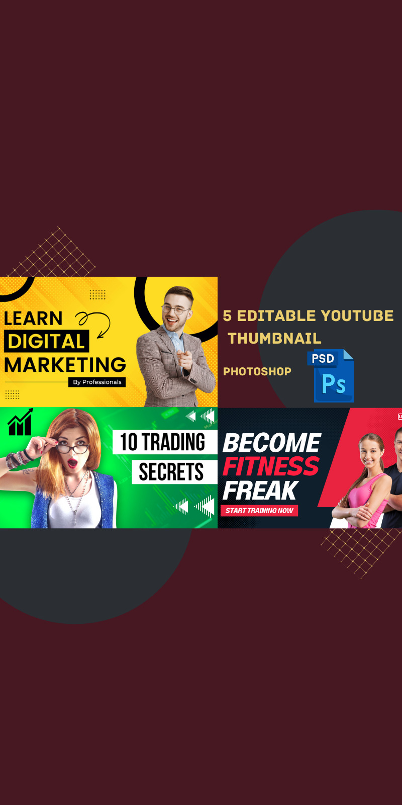 Give 5 Editable Youtube Thumbnail (PSD) Photoshop Social Media