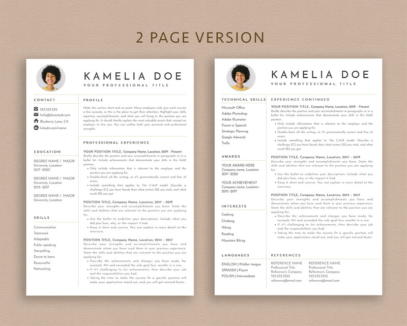 Kamelia Doe Resume Template Word and Pages With Picture