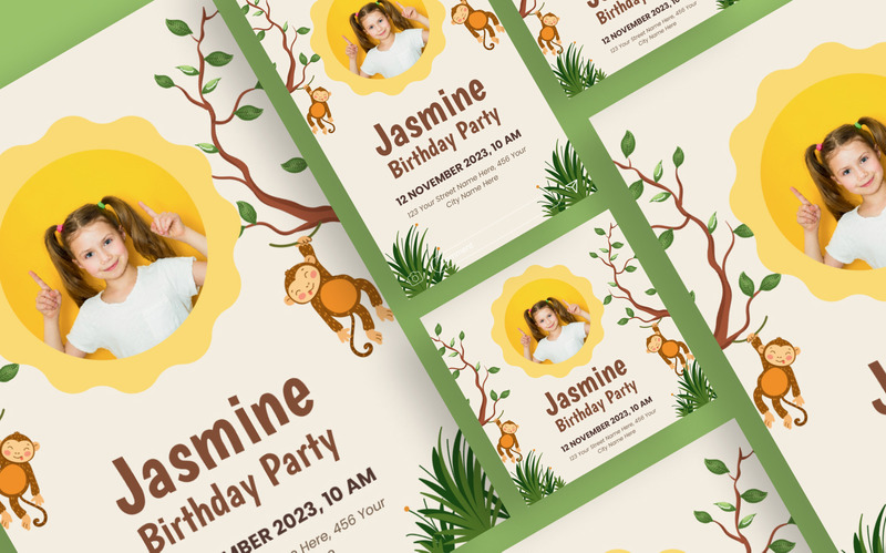 Cute Monkey Birthday Party Invitation Flyer Template