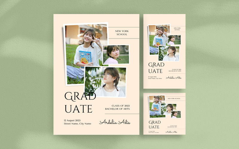 Beige Triple Photo Graduation Party Invitation - Flyer Template