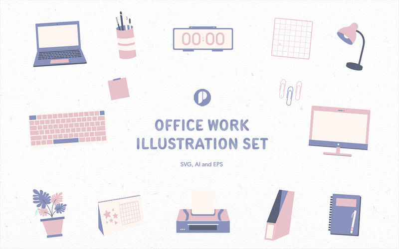Calm and cute office work illustration set - TemplateMonster