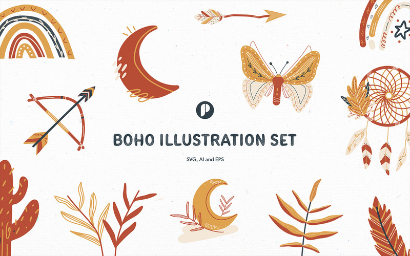 Cute Hand Drawn Boho Illustration Set - TemplateMonster