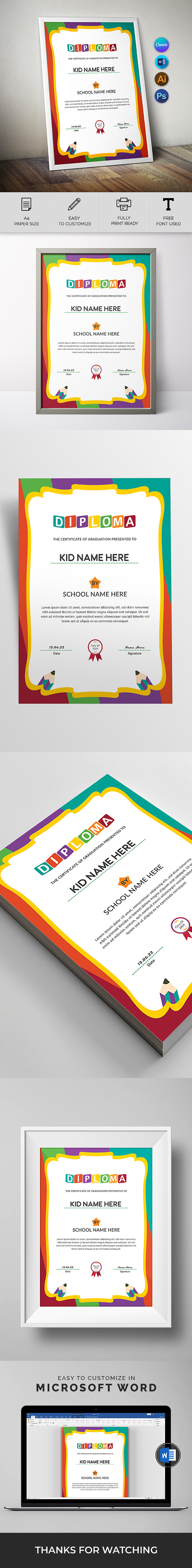 Editable Kids Graduation Certificate Template Canva and MS Word