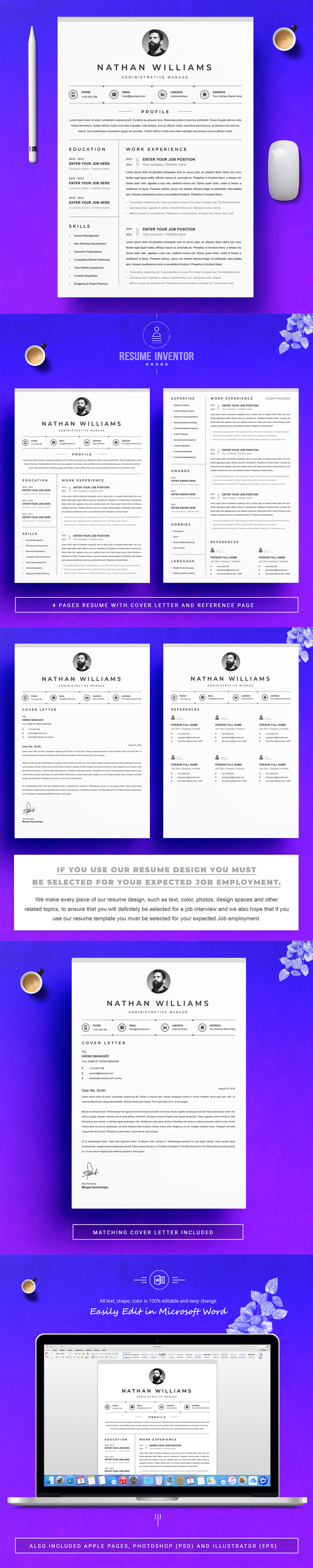 Resume Template For Word, Modern Resume, Simple Resume Design