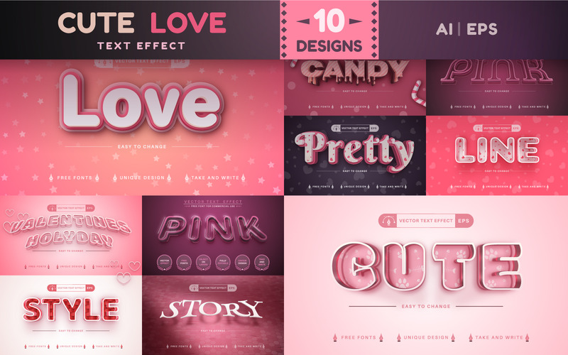 Set 10 Editable Love Text Effects | Font Styles, Design Illustration
