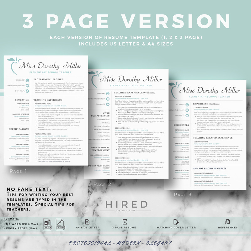 DOROTHY - Elementary Teacher CV Template for MS Word & Pages with Cover ...