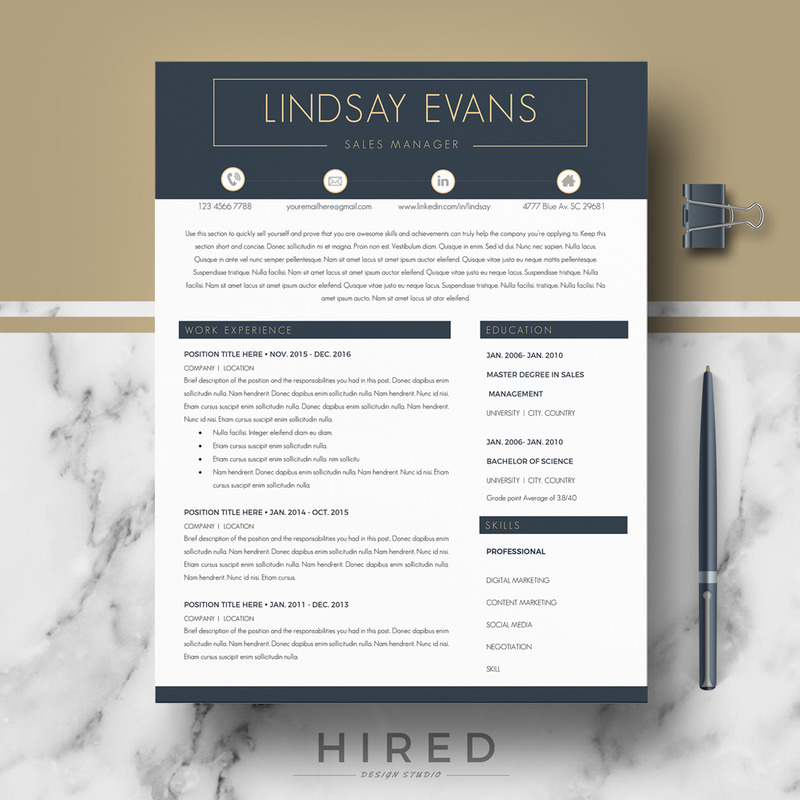 LINDSAY - Sales Manager Professional Resume, CV template + Cover Letter template + References Page