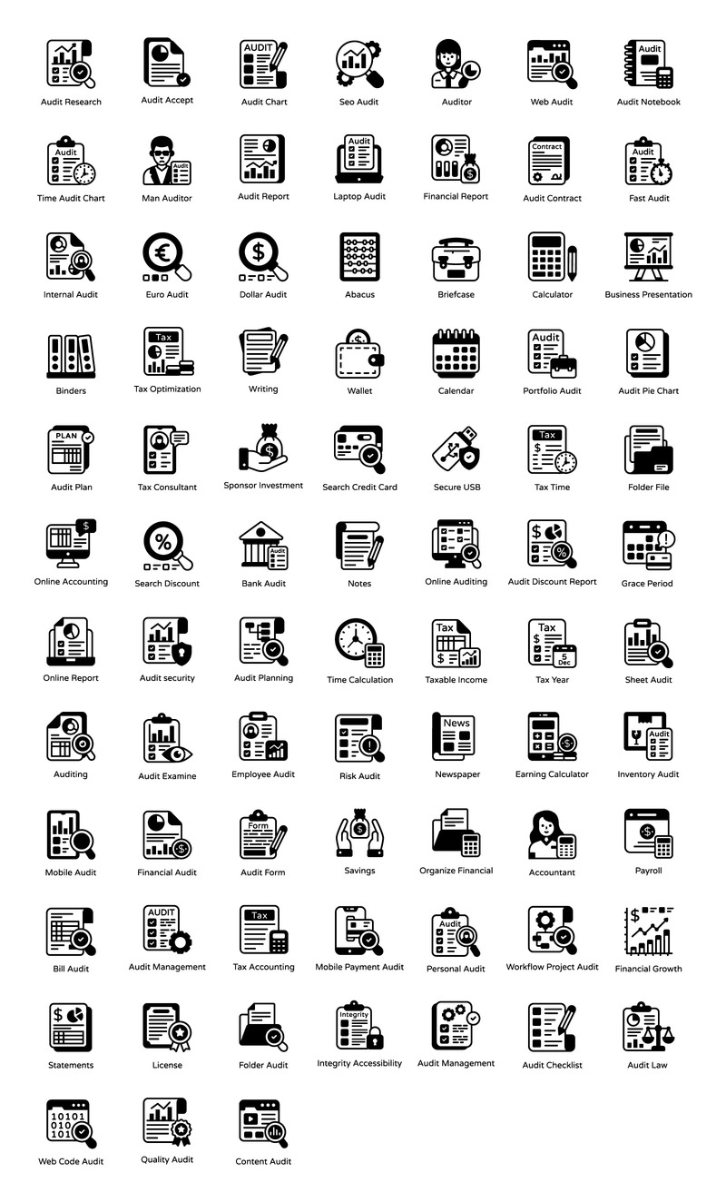 80 Audit Solid Style Icons. #233629 - TemplateMonster