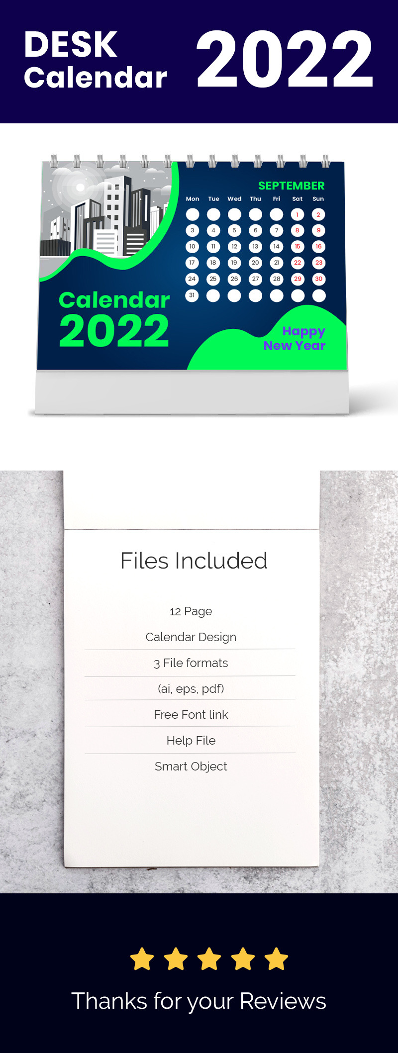 Desk Calendar 2022 Design Week Monday on Sunday