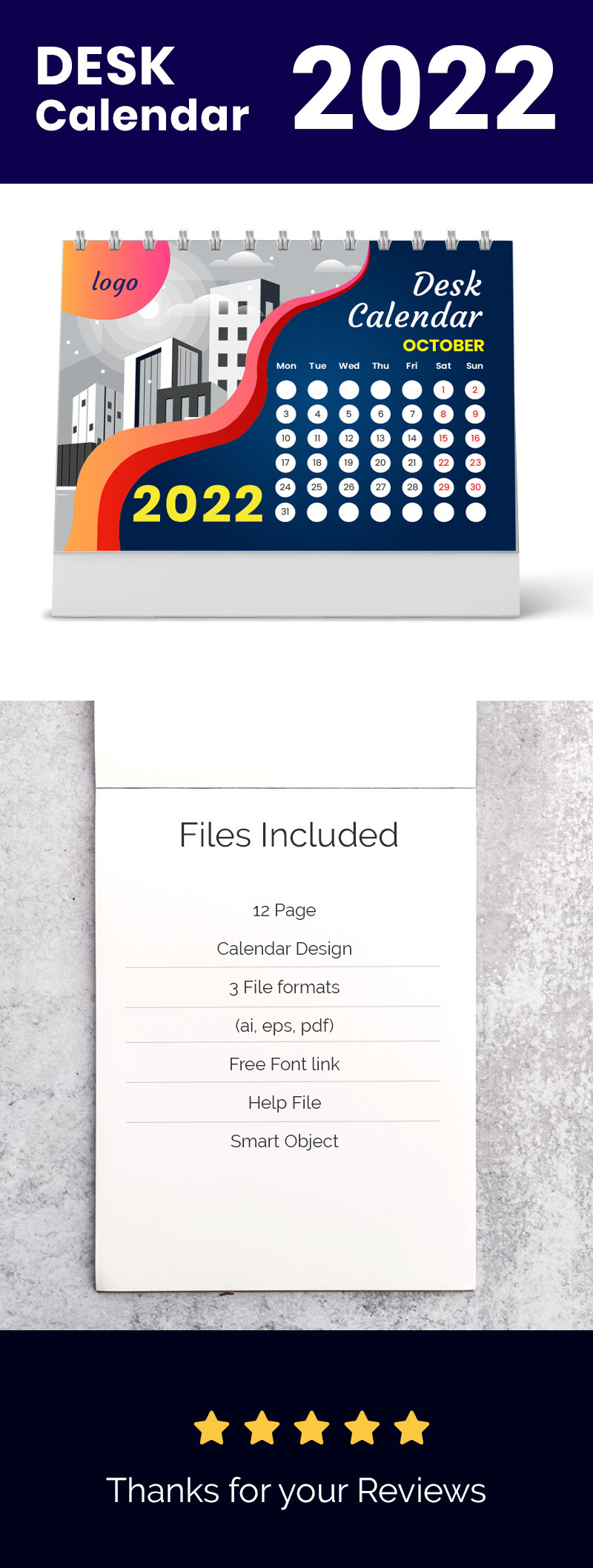 Colorful Set of 12 Months Desk Calendar 2022