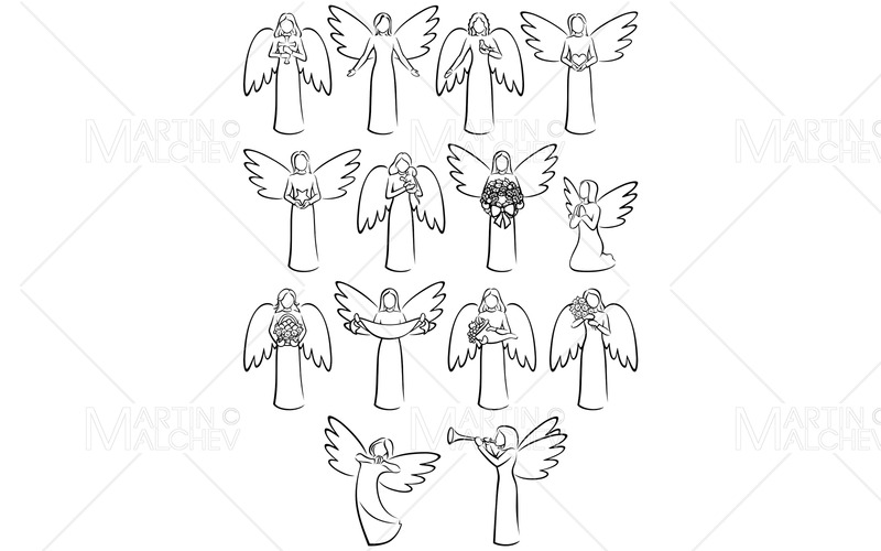 Angels Line Art Set Vector Illustration - TemplateMonster