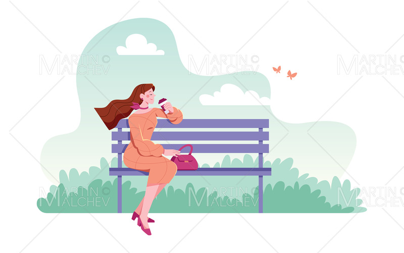 Mujer, descansar, en, banco, vector, ilustración