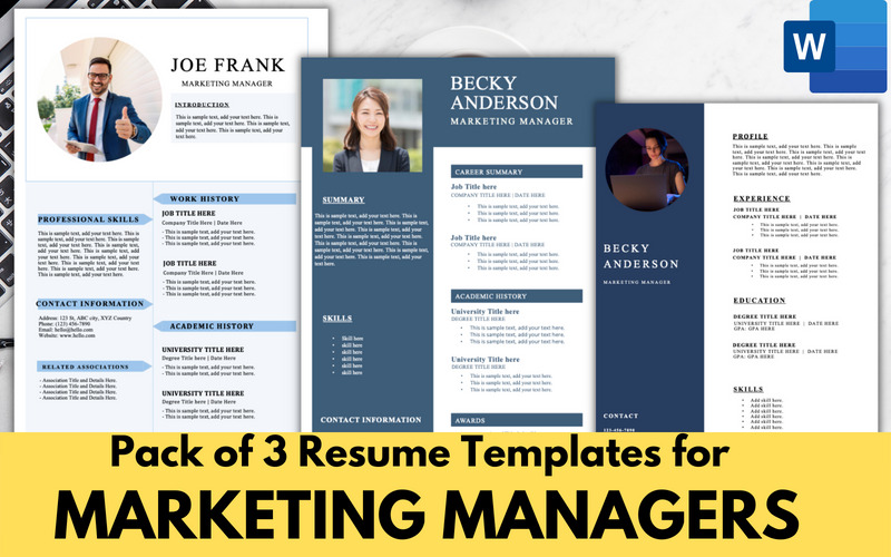 Pack of 3 Resume Templates for Marketing Managers - MS word CV RESUME ...