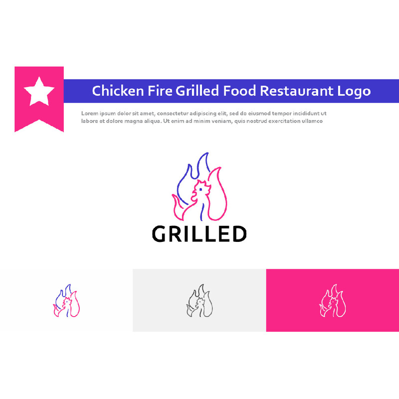 Chicken Fire Flame Grilled Food Restaurant Monoline Logo