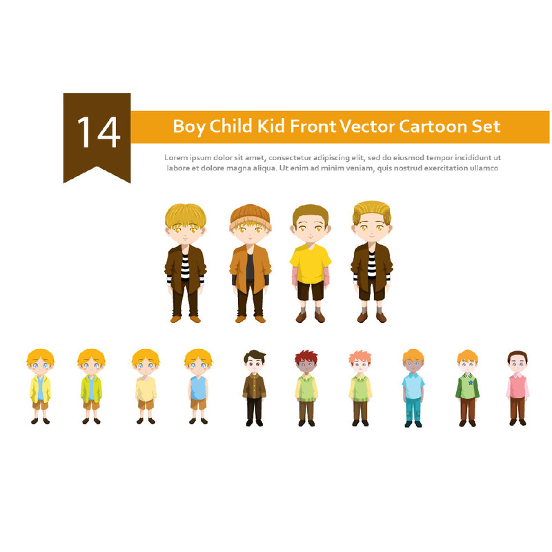 14 Boy Child Kid Front Vector Cartoon Set Illustration