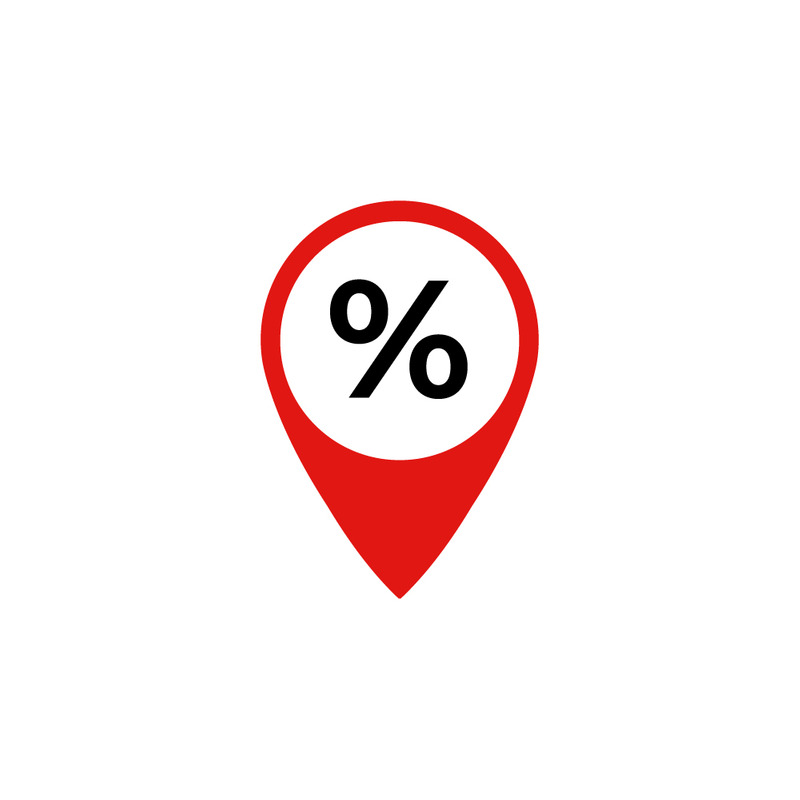 Location pin with a percentage symbol inside