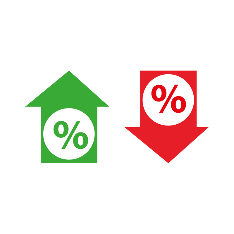 Percent arrow icon. Growth, increase, decrease arrow filled icons