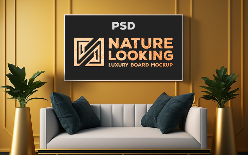 Living room mockup_luxury board mockup_board mockup on the yellow wall ...