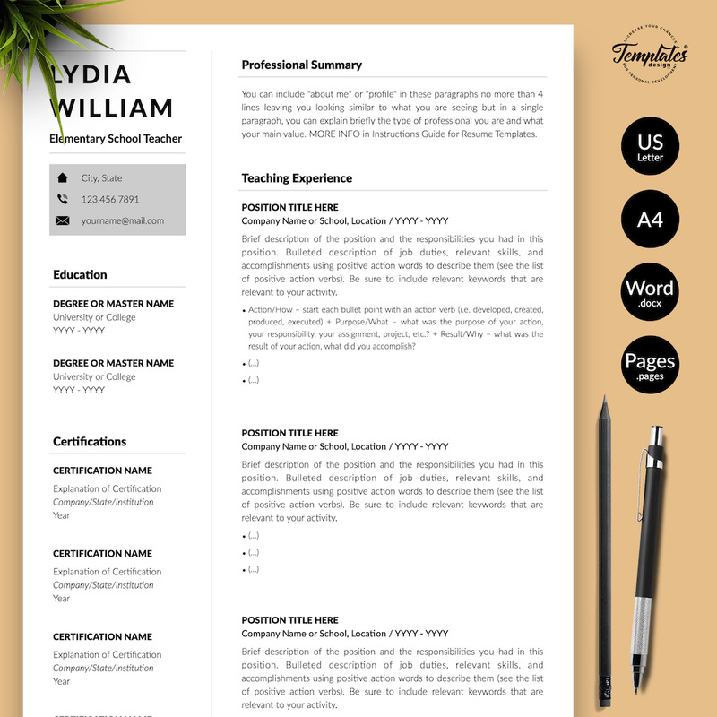 Lydia William - Teacher CV Resume Template with Cover Letter for ...