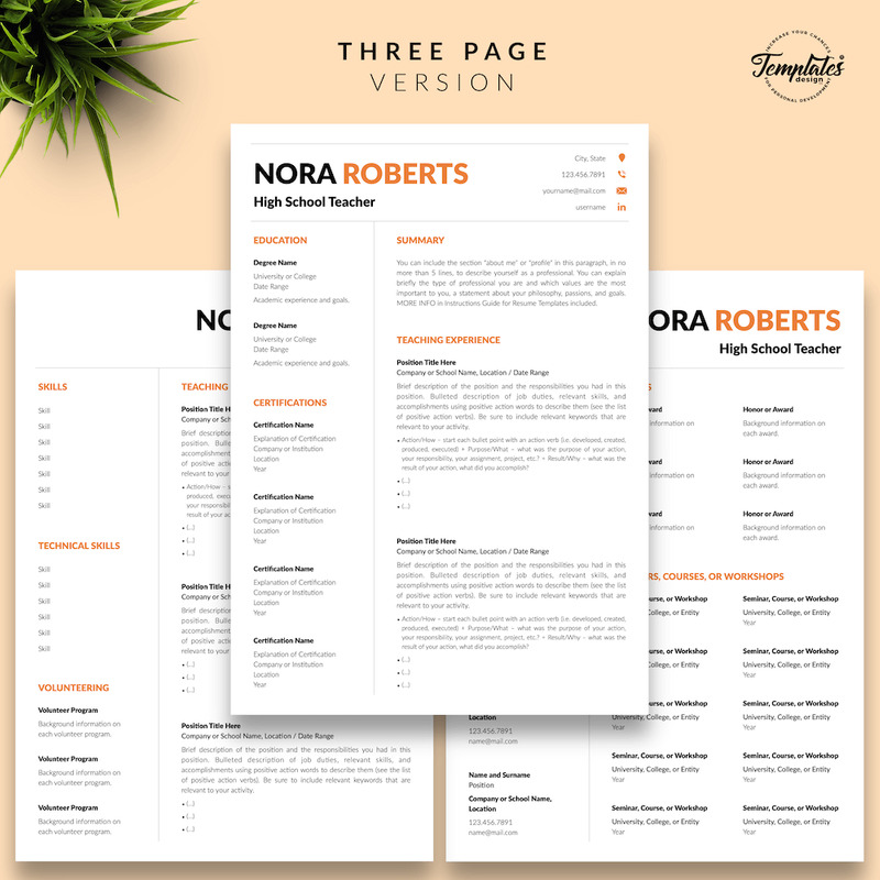 Nora Roberts - Teacher CV Resume Template with Cover Letter for ...