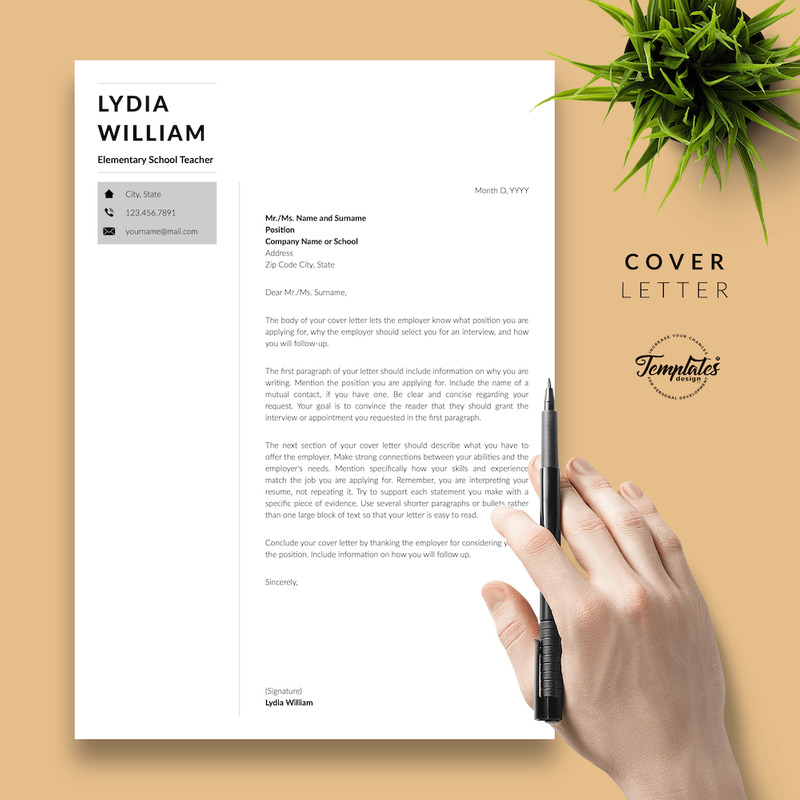 Lydia William - Teacher CV Resume Template with Cover Letter for ...