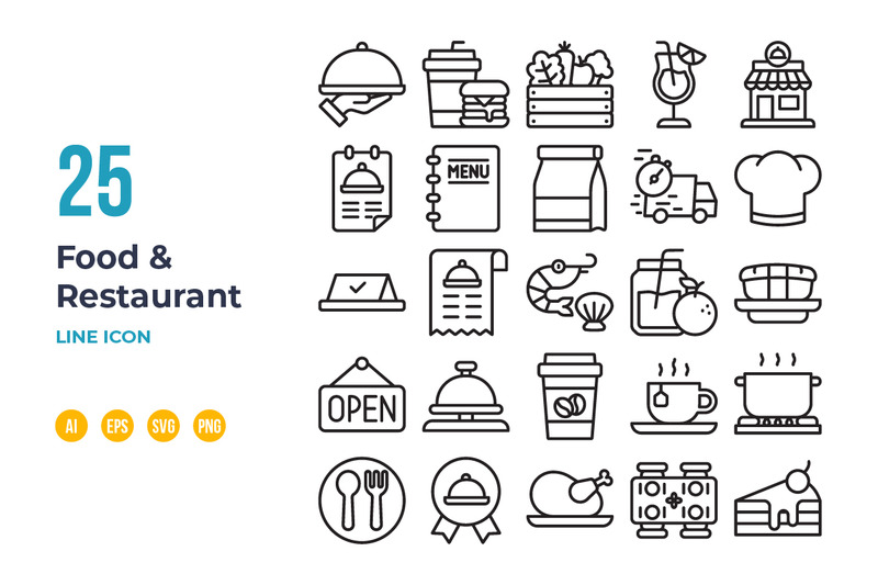 Food and Restaurant Icon Set in Line Outline