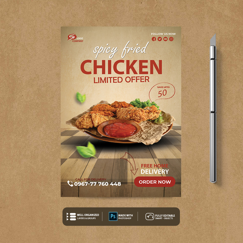 Roasted Spicy Fried Chicken Restaurant Menu Flyer