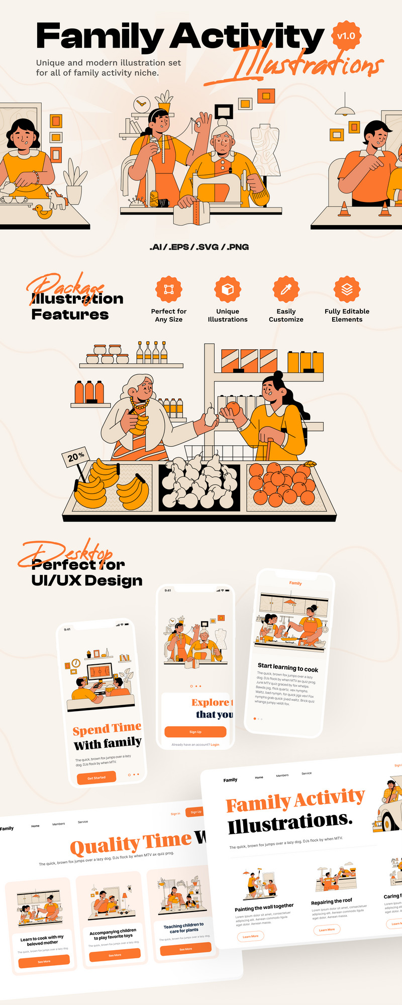 Parenty - Parents, Children and Family Activity Flat Illustration Set