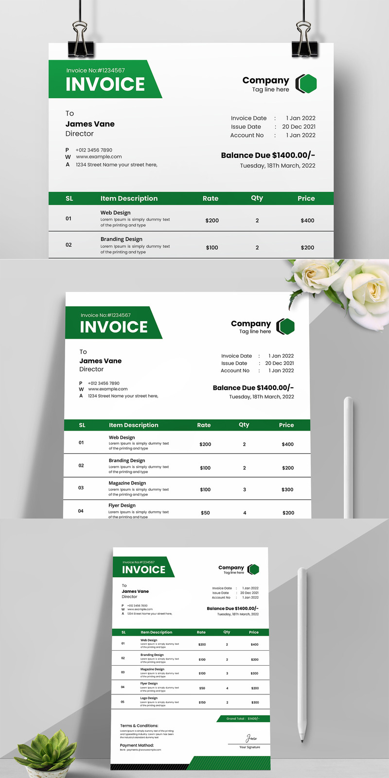 Green Invoice Template Layout #374948 - TemplateMonster