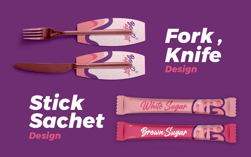 Colorful advertising design for a fork and knife and stick sachet