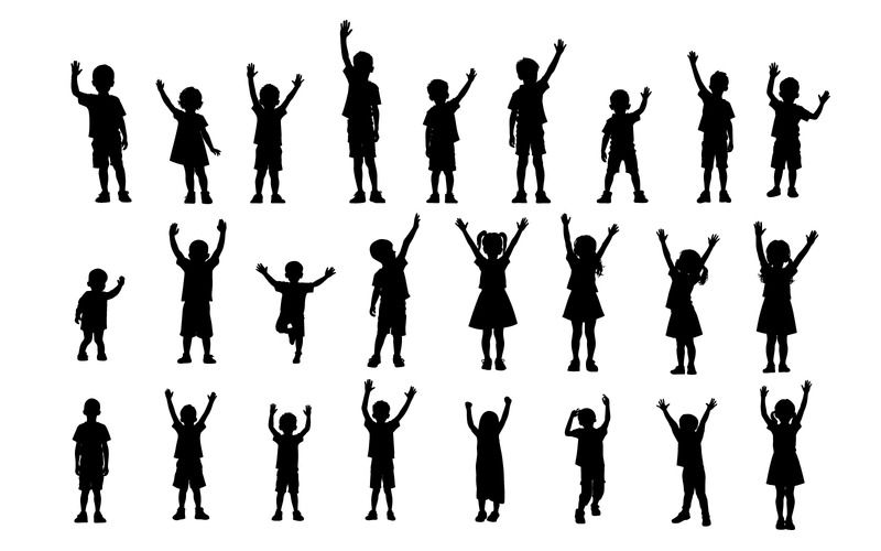 Group of happy kid dancing, kid raising hand