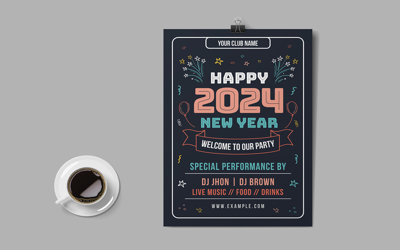 Happy New Year Party 2024 Poster Template - TemplateMonster