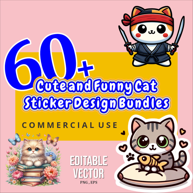 60+ Cute and Funny Cat Sticker Design Bundles