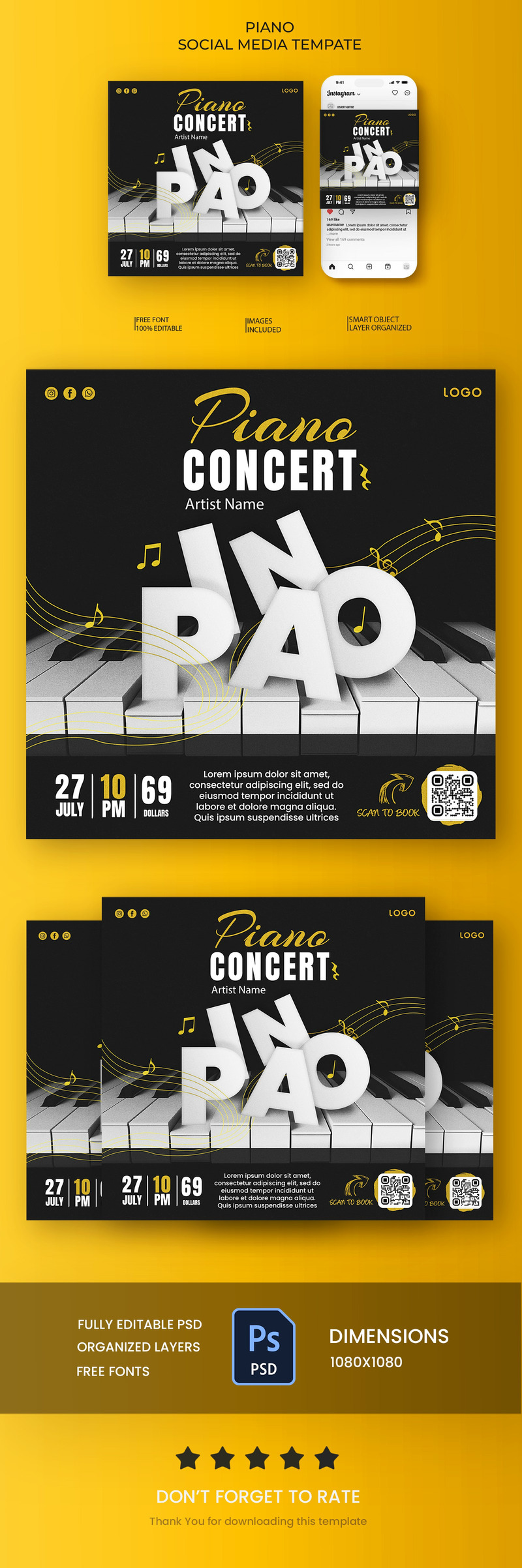 Piano Concert Social Media Template Dark - TemplateMonster