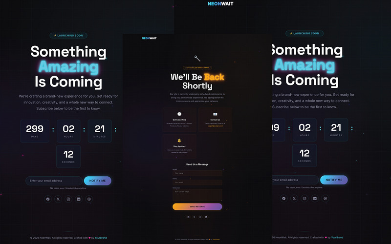 NeonWait — Plantilla HTML animada de próximamente/mantenimiento gratuita