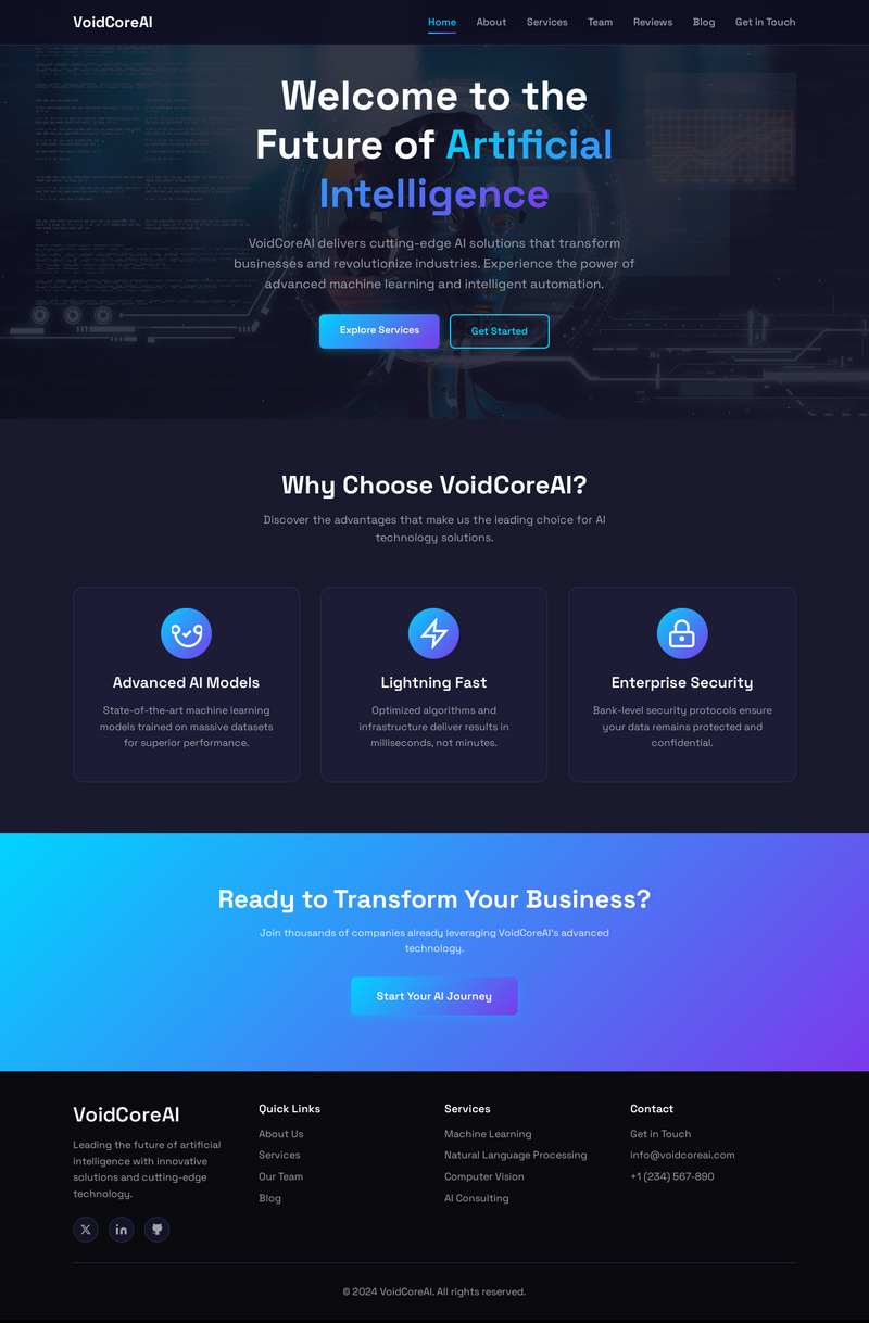 VoidCoreAI – Responsive HTML Template for AI Startups